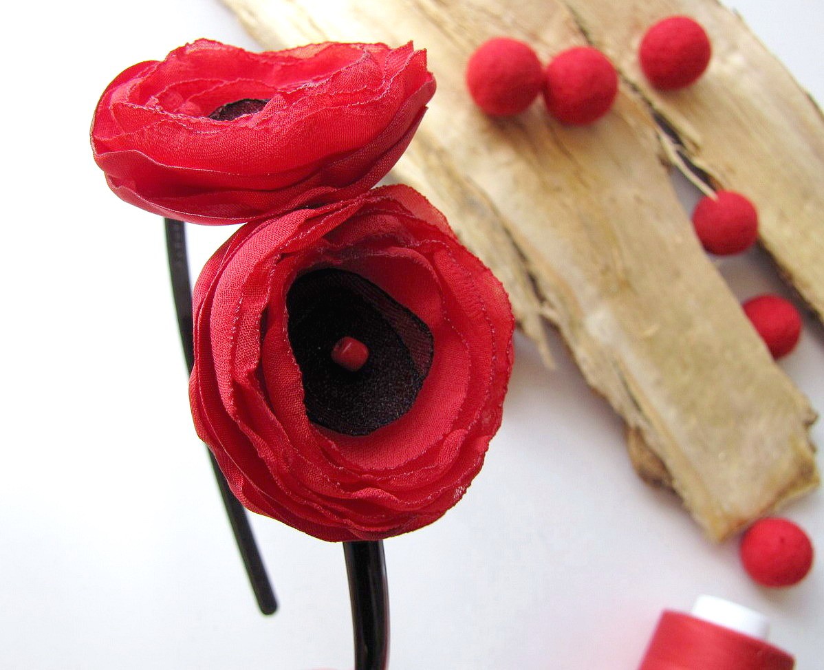 Headband With Handmade Fabric Flowers- Red Poppy on Luulla